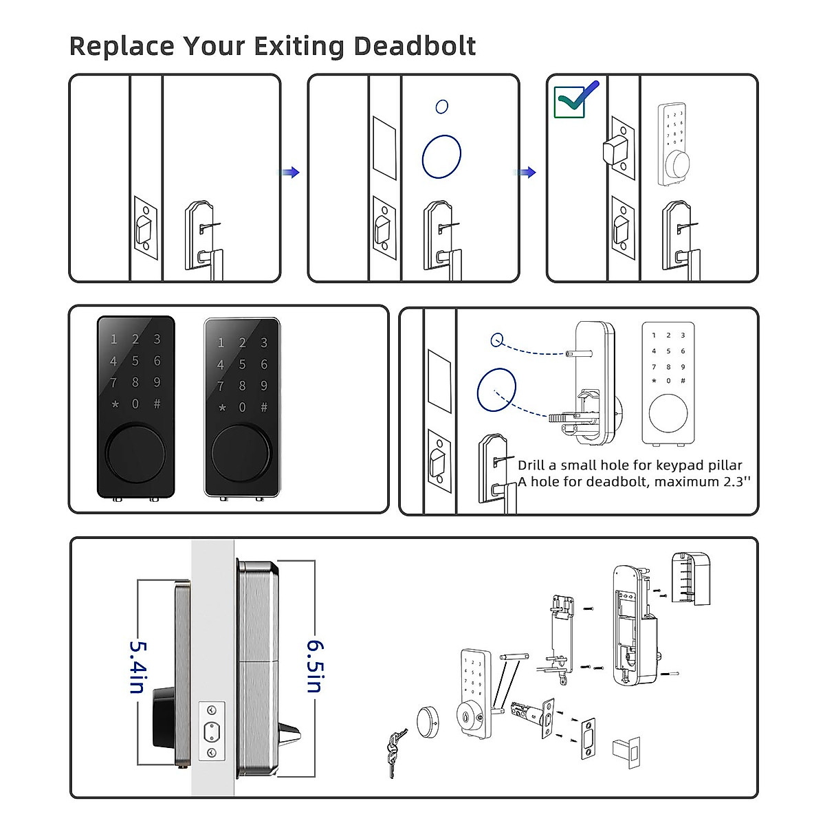 [Newest]Smart Deadbolt, NexTrend Smart Electronic Door Lock with Bluetooth Keyless, Touchscreen, Mechanical Keys Automatic Lock Alarm for Home, Hotel, Apartment, Black