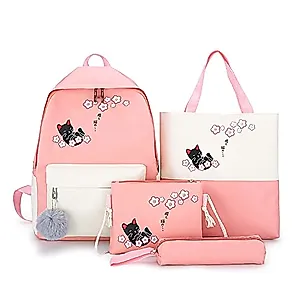 YWHWLX Black Cat Print Backpack, Suitable For Young Girls And Students Cat Print Cute School Bag Backpack Set (Pink)