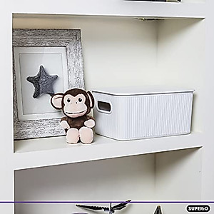 Superio Decorative Plastic Open Home Storage Bins Organizer Baskets, Medium White (1 Pack) Container Boxes for Organizing Closet Shelves Drawer Shelf - Ribbed Collection 5 Liter