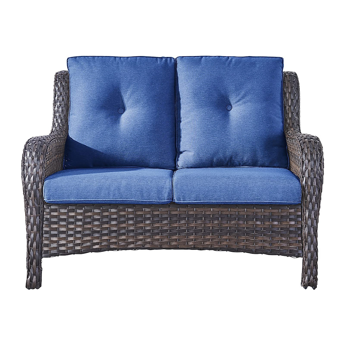Patio Loveseat Wicker Outdoor Couch - 2-Seater Rattan Patio Sofa with Deep Seating and Comfortable Cushions for Outside Porch Deck Poolside Balcony(Brown Wicker/Blue Cushion)