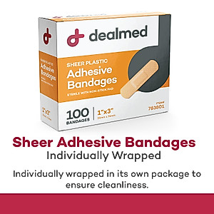 Dealmed Sheer Plastic Flexible Adhesive Bandages – 100 Count (1 Pack) Bandages with Non-Stick Pad, Latex Free, Wound Care for First Aid Kit, 1" x 3"