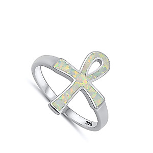 White Simulated Opal Ankh Wide Large Ring .925 Sterling Silver Band Size 6