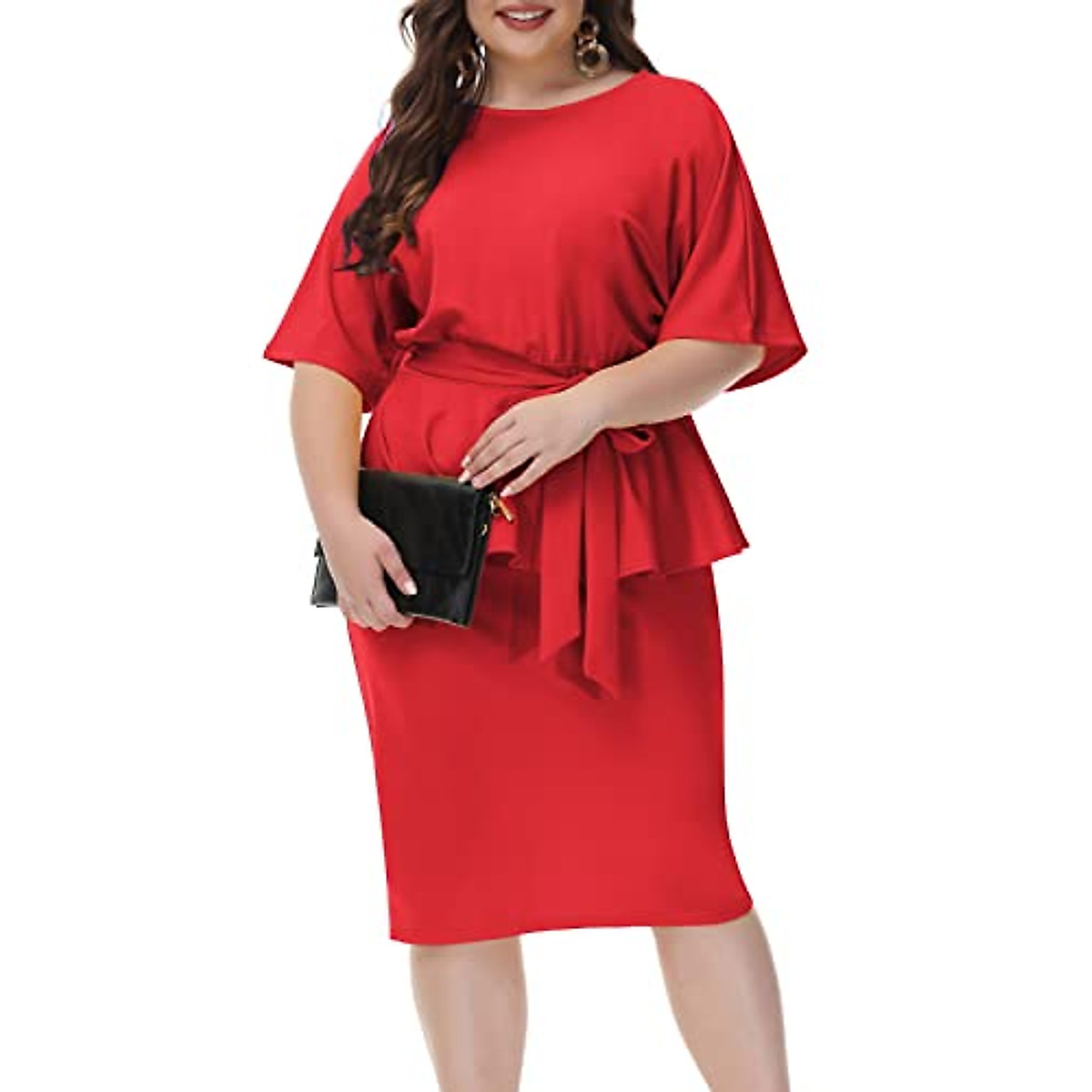 Hanna Nikole Peplum Dress for Women Plus Size Wedding Guest with Short Sleeves Sheath Dress Red 22 Plus