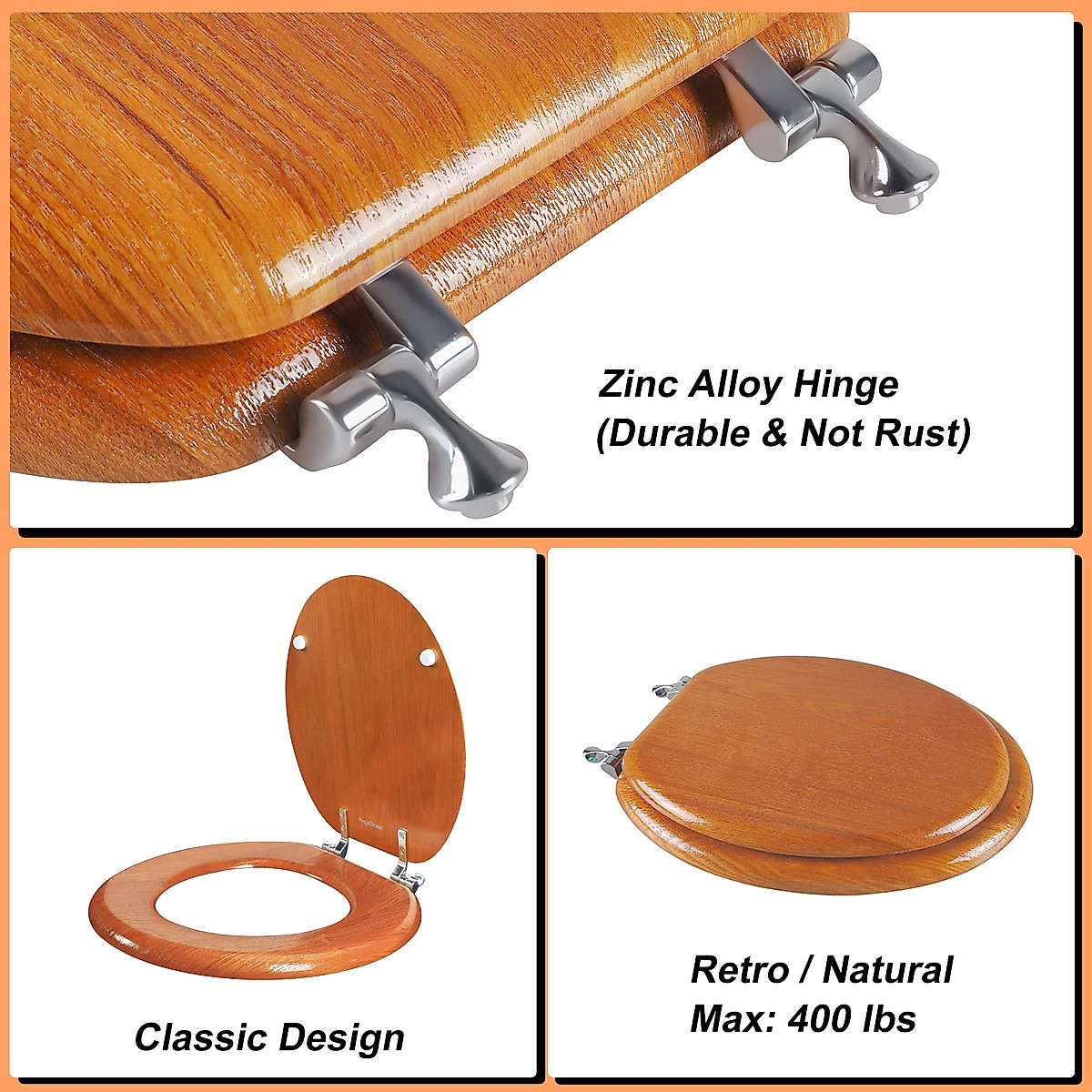 Angel Shield Durable Wood Veneer Natural Toilet Seat Metal Hinged Easy Clean Anti-scratch American Standard(Elongated,Wood Color)