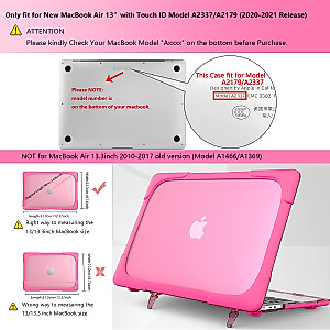 CISSOOK Heavy Duty Shockproof Case with Kickstand for MacBook Air 13 inch 2021-2018 Release Model A2337 M1 A2179 A1932 with Touch ID, Dual Layer Hard Shell, Rose Red