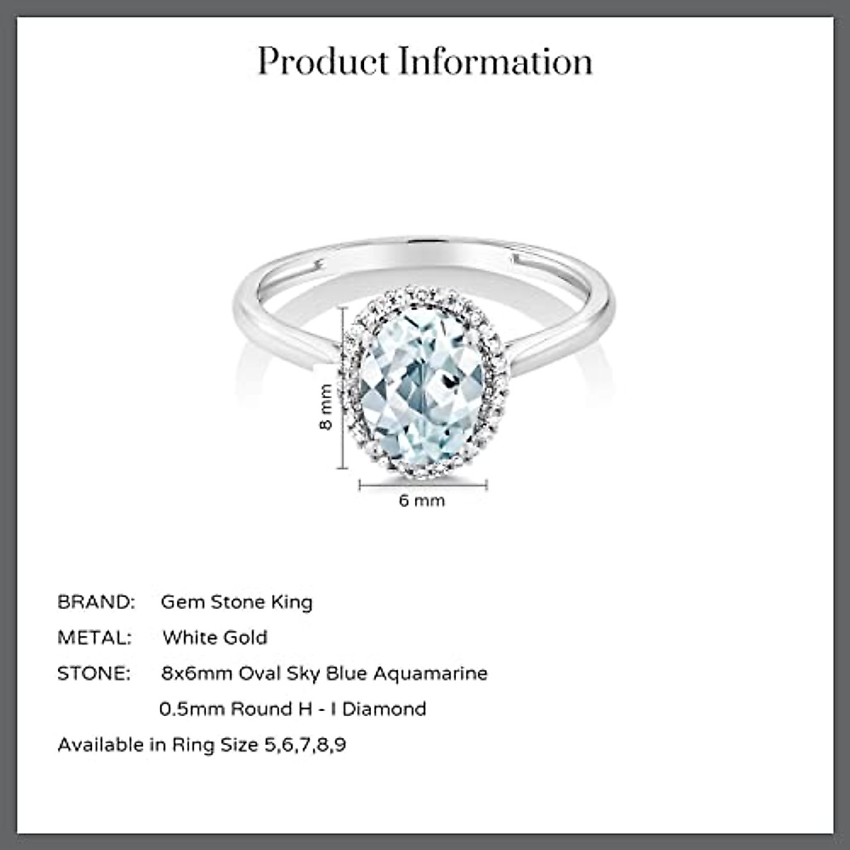 Gem Stone King 10K White Gold 8X6MM Oval Gemstone Birthstone & White Diamond Halo Engagement Ring | Wedding Anniversary Promise White Gold Ring For Women | Size 5,6,7,8,9