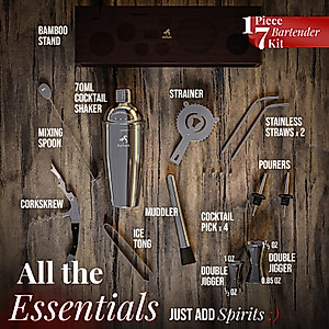 BarStash Bartender Kit - Premium Bar Tools Set with Unique Wooden Stand - House Warming Gifts New Home - Bar Accessories Home Bar Set, Cocktail Set, Bar Kit - Cocktail Recipe E-Book -Stainless Steel