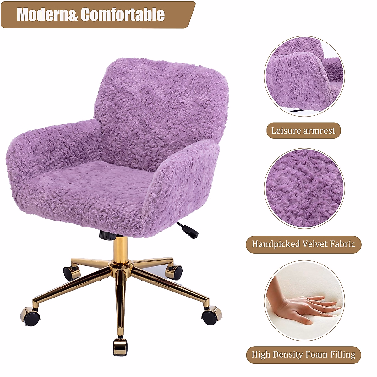 LKTART Faux Fur Home Office Chair for Women Girl, Vanity Makeup Desk Chair with Wheels Upholstered Height Adjustable Armchair with Gold Metal Base Living Room Bedroom Office Vanity