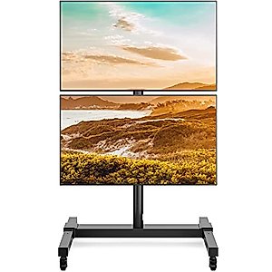 5Rcom Rolling / Mobile TV Cart with Wheels for 32 to 55 Inch LCD LED 4K Flat Curved Screen Vertical TVs-Height Adjustable Screen Tilt Rolling TV Stand for 2 TVs with Laptop Shelf Holds Up to 132 lbs