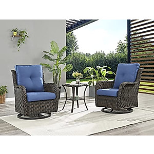 Rilyson Wicker Rocking Chair Swivel Chairs - 2 Piece Rocker Patio Chairs Set Rattan Rocking Chair for Outdoor Porch Deck Garden Backyard (Brown/Blue)