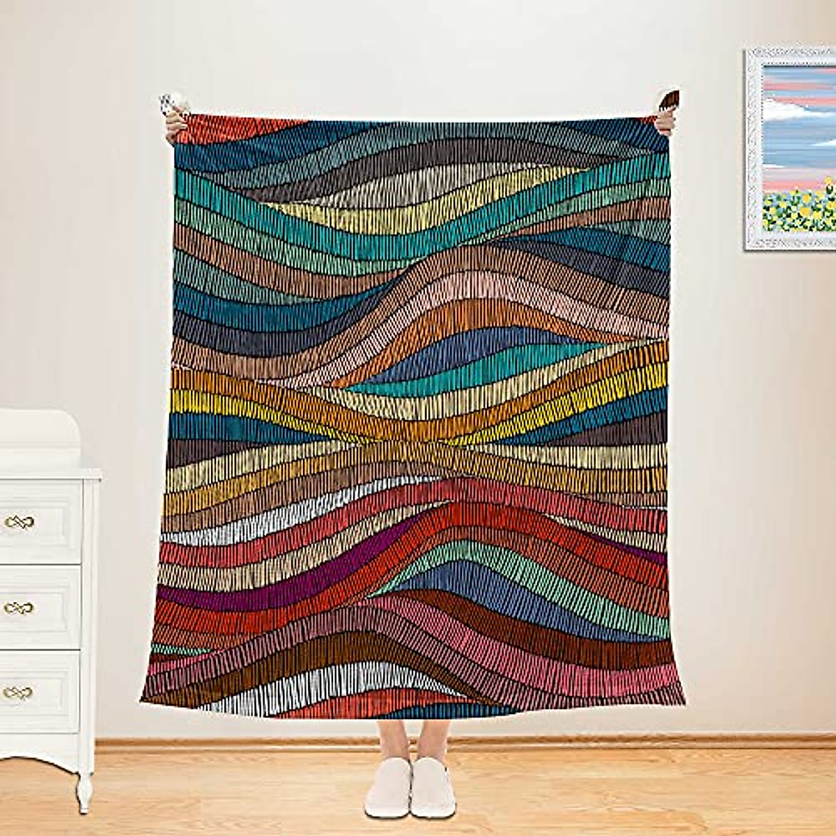 QiyI Plush Sherpa Fleece Throw, Soft Fuzzy Velvet Warm Winter Blanket for Kids Adults, Luxury Microfiber Flannel Thick Blanket for Sofa Couch Bed, 50 x 60 Inches, Wavy Bohemian Print