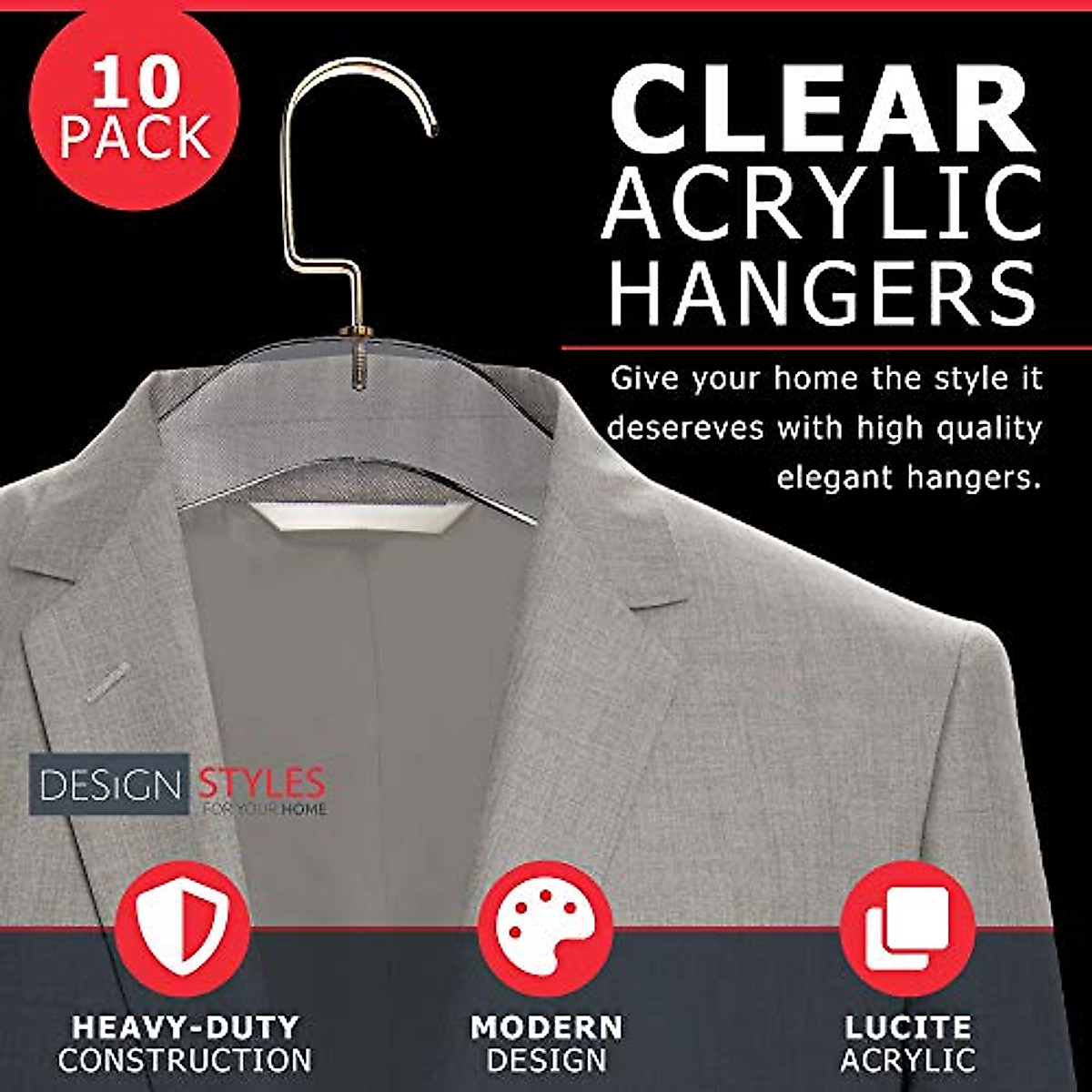 Clear Acrylic Clothes Hangers - 10 Pack Stylish and Heavy Duty Closet Organizer with Gold Chrome Plated Steel Hooks - Non-Slip Notches for Suit Jacket, Sweater, Blouse, and Dress - by Designstyles