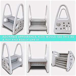 Toddler Step Stool with Handles, Two Step Stool for Toddler and Kids, Reaching Bathroom Sink, Toilet Potty Training (Gray)