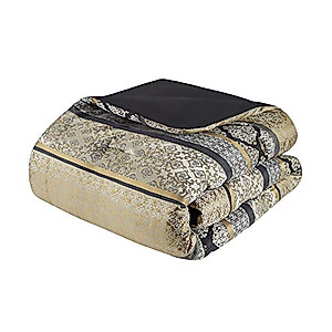 Madison Park Essentials Windsor 24-Piece Room in A Bag Comforter Set-Satin Jacquard All Season Luxury Bedding, Sheets, Decorative Pillows and Curtains, Valance, Queen (90 in x 90 in), Black/Gold