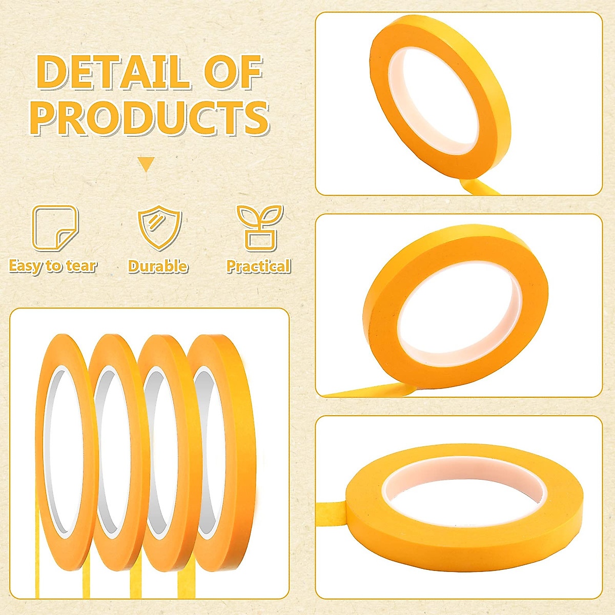 Epakh 4 Rolls Pinstripe Tape, Masking Tape in 1/16, 1/8, 1/4 and 1/2 Inch Wide x 52 Yard Long, Painters Automotive Masking Tape for DIY Car Auto Paint Art (Yellow)