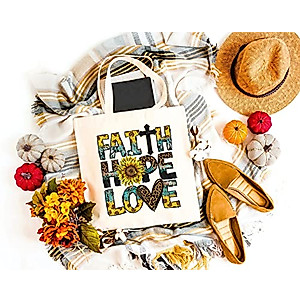 GXVUIS Faith Hope Love Canvas Tote Bag for Women Sunflowers Leopard Print Reusable Grocery Shopping Bags Christian Gifts White