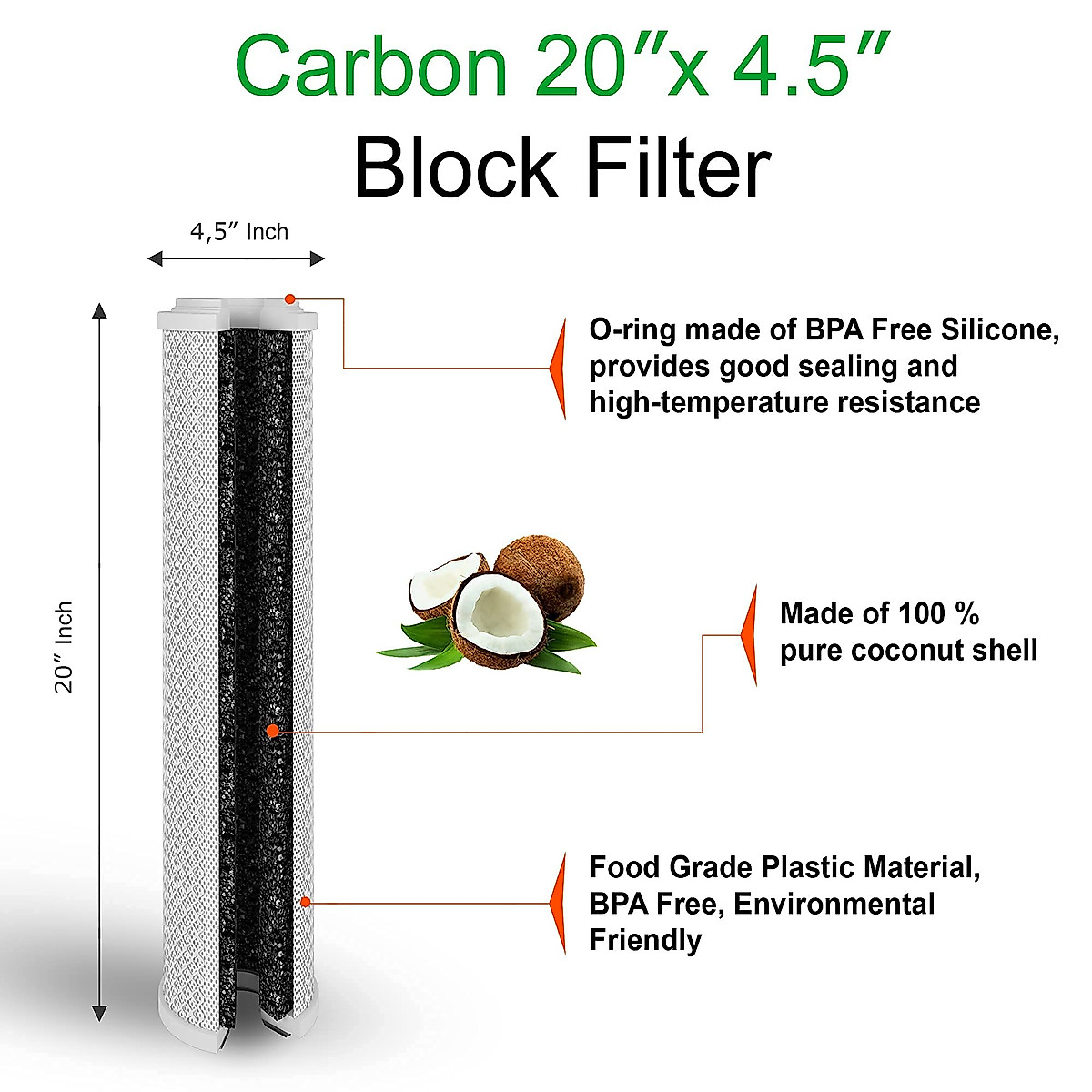 High Capacity Coconut Shell Carbon Block Water Filter 5 Micron Cartridge 4.5" x 20" for Universal Whole House System WELL-MATCHED with CB-45-2005, FC25B, FLTWH2045C02 and PRL-RCL (4 Pack)