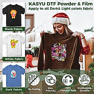 KASYU DTF Powder Film Kit with Sensor Recognition Stickers for DTF&Sublimation Printers,1.1 lbs White Digital Hot Melt Adhesive&10Pcs Direct to Film, Pretreated Iron-on Transfer Paper for All Fabrics