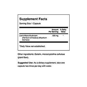 Swanson Lion's Mane Mushroom Memory Support Mental Focus Brain Booster Herbal Supplement Hericium Erinaceus (Mycelium Biomass) 500 mg 60 Capsules (2 Pack)