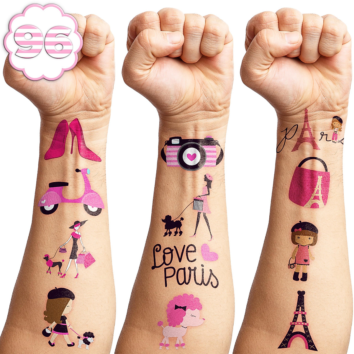 Paris Temporary Tattoos for Kids - Themed Eiffel Tower, Girl Birthday Party Decorations Supplies 96PCS Tattoos Stickers Cute Party Favors Girls Boys Gifts Classroom School Prizes Themed Christmas Pink