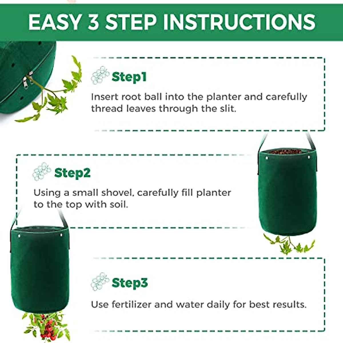 Betereap Upside-Down Tomato Grow Bag - 2-Pack Widen Planting Holes 400G Heavy Duty Easy Installation Durable Hanging Tomato Planter for Small Spaces with Carabiner Clip Design