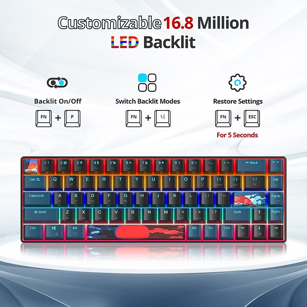 Mosptnspg Protable 60% Percent Gaming Keyboard Mechanical, Mini Compact RGB Backlit 68 Keys Wired Office Keyboard with Red Switch for Mac/Win (Monstor Black/red Switch 68)