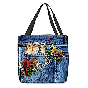Three Shih Tzu Dogs And Cardinals Jean Pocket Tote Bag, Casual Handbag For Shih Tzu Dog Lover Gift, Grocery Bag For Woman