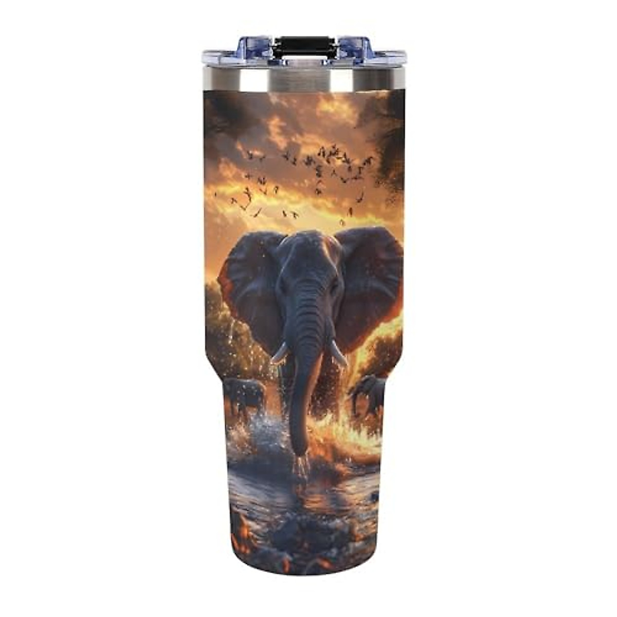 Elephants in Sunset Water Insulated Tumblers with Handle Stainless Steel Coffee Mug Funny Travel Cup with Lid Straw 40oz