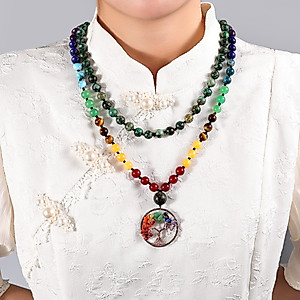 Bivei 108 Mala Beads Necklace Tree of Life 7 Chakra Wrap Bracelet Real Healing Gemstone Yoga Meditation Hand Knotted Mala Prayer Bead Necklace(African Turquoise 8mm)