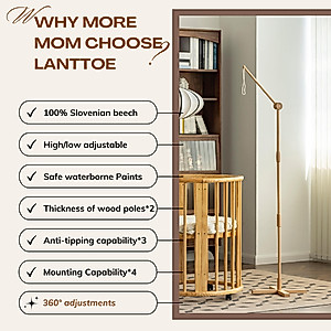 Lanttoe 360° Adjustable Floor-Standing Crib Mobile Arm 61 Inches for Baby Nursery-Movable Wooden Baby Mobile Hanger with Strong Anti Dumping Attachment-Multifunction Mobile Arm for Crib-100ech Wood