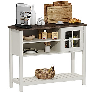 ChooChoo Farmhouse Coffee Bar Cabinet, Buffet Cabinet with Storage, Sideboard Buffet Cabinet with Glass Door, Console Table for Kitchen, Hallway, Entrance, White