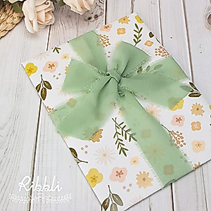 Ribbli Sage Green Chiffon Ribbon 1-1/2 inch x 20 Yard, Handmade Fringe Chiffon Ribbon for Gift Wrapping, Silk Ribbon for Wedding Invitations, Bridal Bouquets Wrapping, Flower Arrangement Decoration