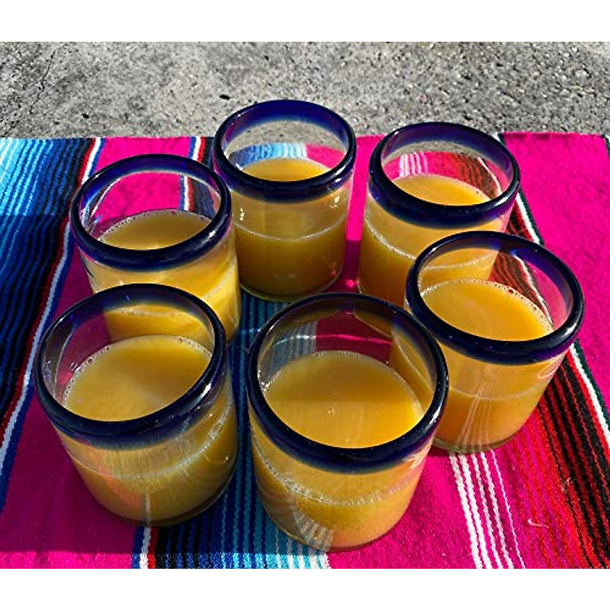 Hand Blown Mexican Drinking Glasses - Set of 6 Tumbler Glasses with Cobalt Blue Rims (10 oz each)