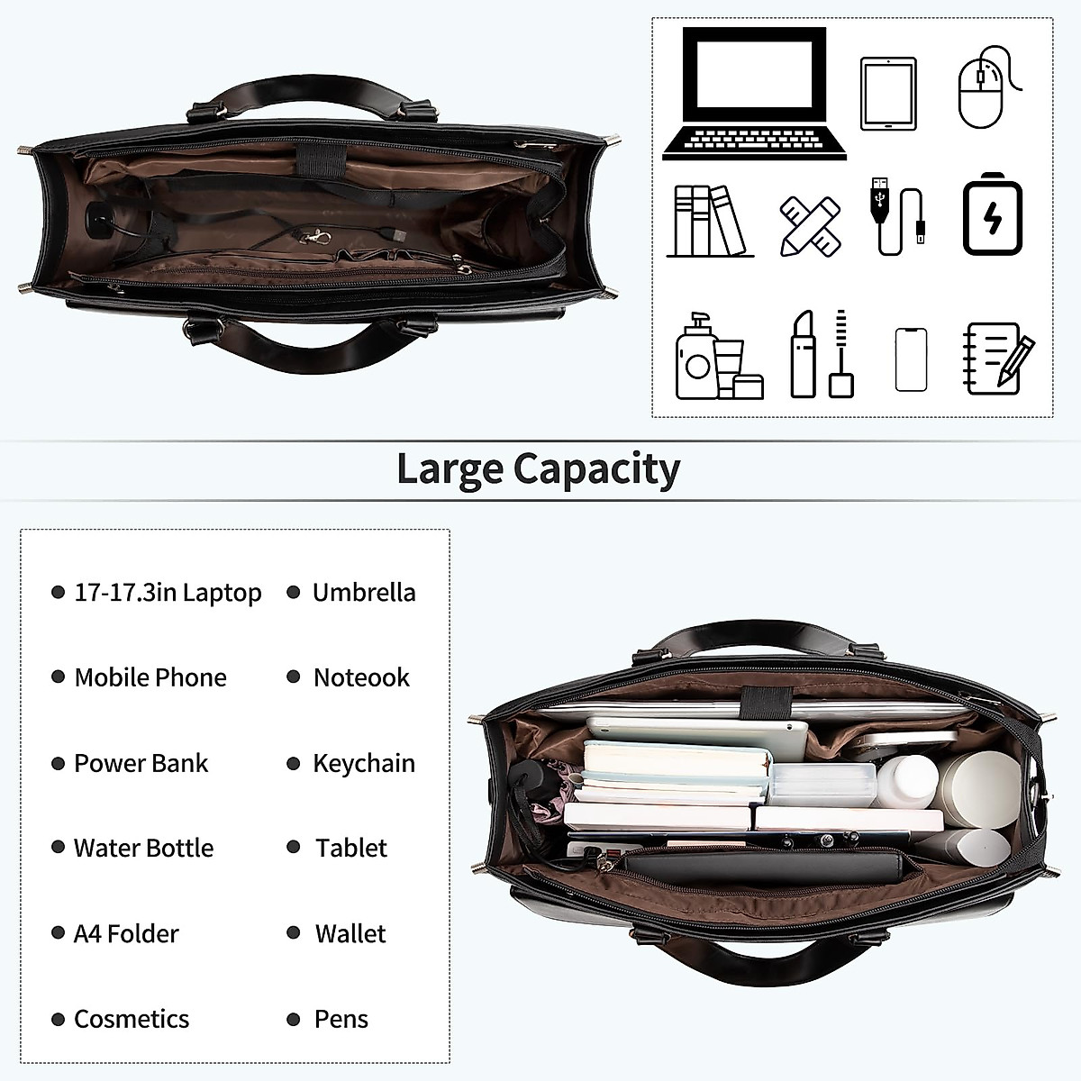 Laptop Bag for Women, Laptop Tote Bag 17 Inch, Waterproof Leather Computer Tote Bag with USB Charging Port, Women Briefcase Business Office Work Bag, Large Capacity Handbag Shoulder Bag Black