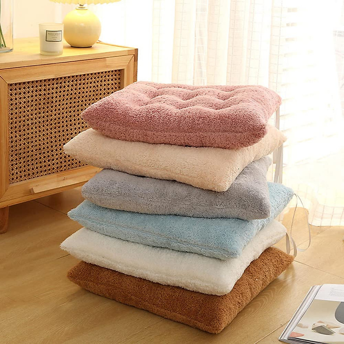 QinQin Store Set of 2 Plush Chair Cushions with Ties Dining Room Thickened Chair Pads Seat Cushion Warm Office Tufted Chair Seat Pillows (L:50×50cm/19.7"×19.7", Dark Brown)