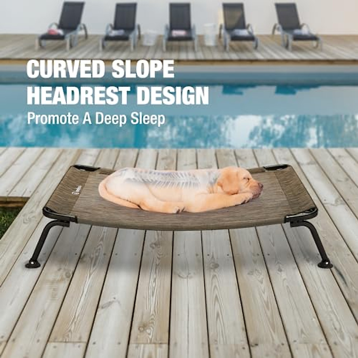 Veehoo Curved Cooling Elevated Dog Bed, Black Frame Outdoor Raised Dog Cot, Chew Proof Pet Bed with Washable & Breathable Textilene Mesh, Non-Slip Feet for Indoor & Outdoor, Medium, Brown, CWC2303A