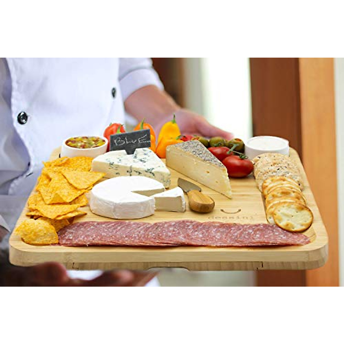 DESSINI Natural Bamboo Cheese Board and Cutlery Set, Wooden Charcuterie Meat Platter and Serving Tray with accessories, Unique gift for Birthday, Mother's Day, Father's Day, Anniversary, House Warming