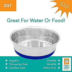 Fuzzy Puppy Pet Products Non-Skid Food Bowl for Dogs and Cats, Rubber Non-Slip Bonded Base, Heavy Duty Stainless Steel, 2 Quart, (HDM-2Q)