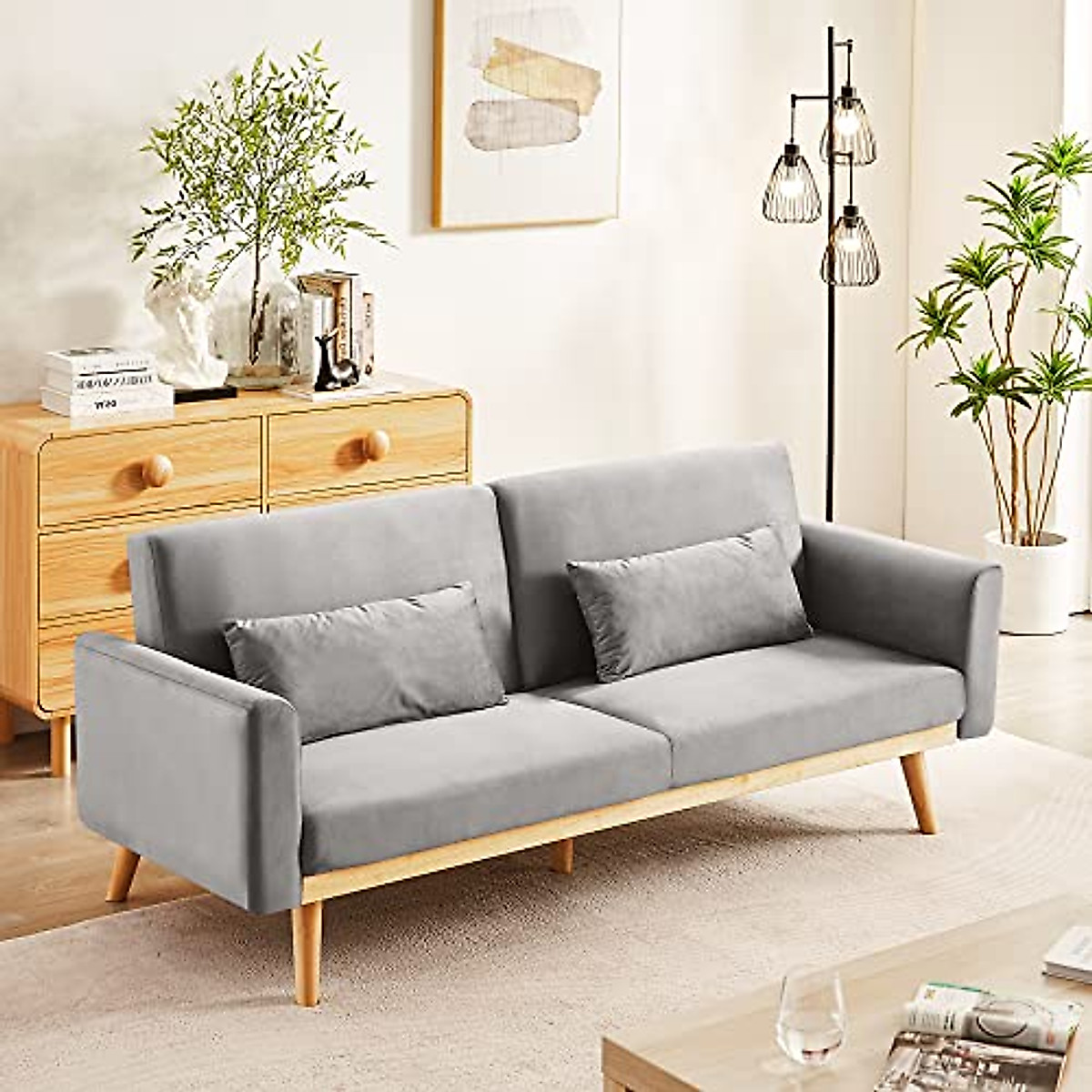 AWQM Velvet Futon Sofa Bed, Memory Foam Couch Set, Upholstered Modern Daybed Convertible Folding Loveseat Recliner with Pillows and Wooden Frame for Compact Living Room, Apartment, Dorm, Office (Grey)