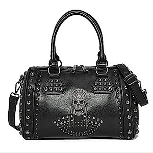 FiveloveTwo Women Skull Handbag Gothic Rivet Tote Satchel Shoulder Crossbody Bag Black