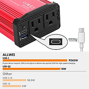 300W car Power Inverter with USB-C PD65W and 230W Power Voltage Converter 220V to 110V