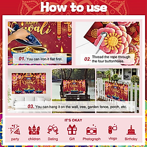 Large 71" X 43" Happy Diwali Backdrop, Red Happy Diwali Banner, Diwali Decorations for Home, Diwali Banner Decorations Backdrop, Celebration Deepavali Party Decorations tineit