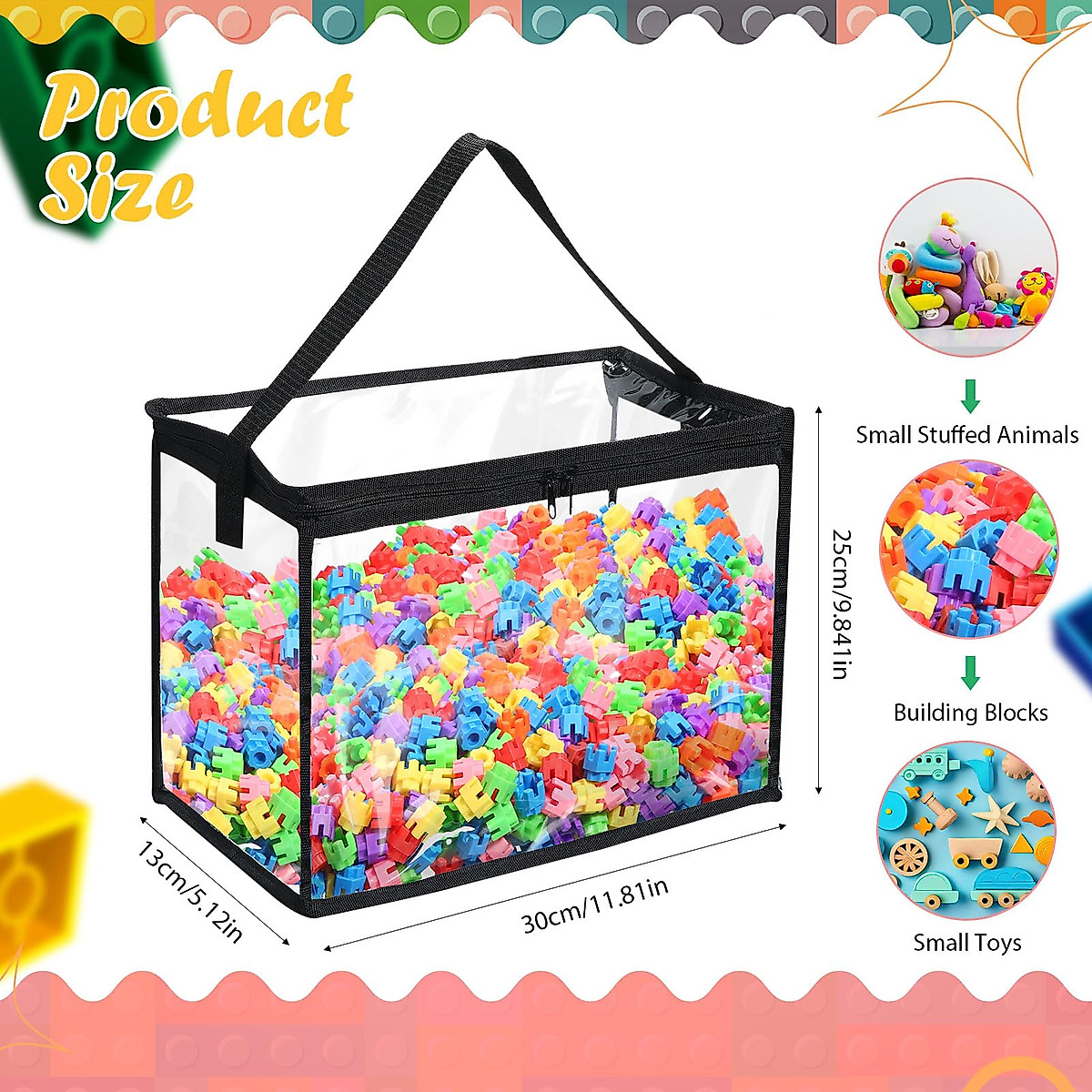 Clysee 3 Pcs Toy Storage Bags with Zipper, Large Clear PVC Organizing Bags, Waterproof Toy Bags for Building Blocks, Board Games and Beach Toys Storage (Black)