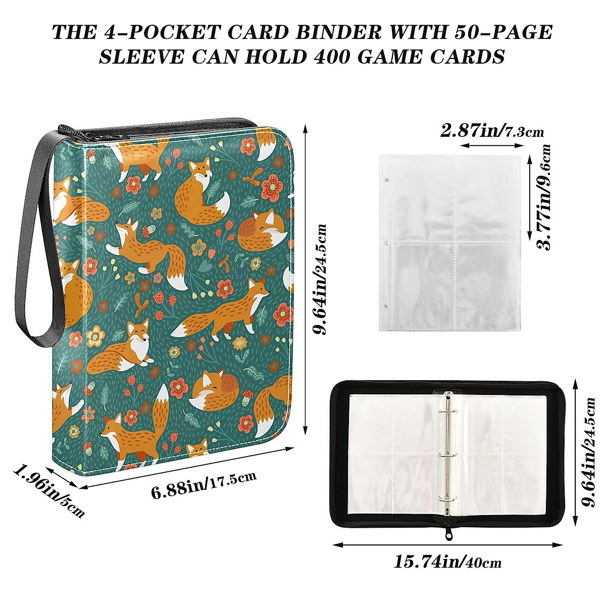 PYBUG Fox Trading Card Binder with Nylon Strap 4-Pocket Waterproof PU Leather Card Collection Binder for 400 Cards Sturdy Card Holder Folders for Game Cards,Sports Cards