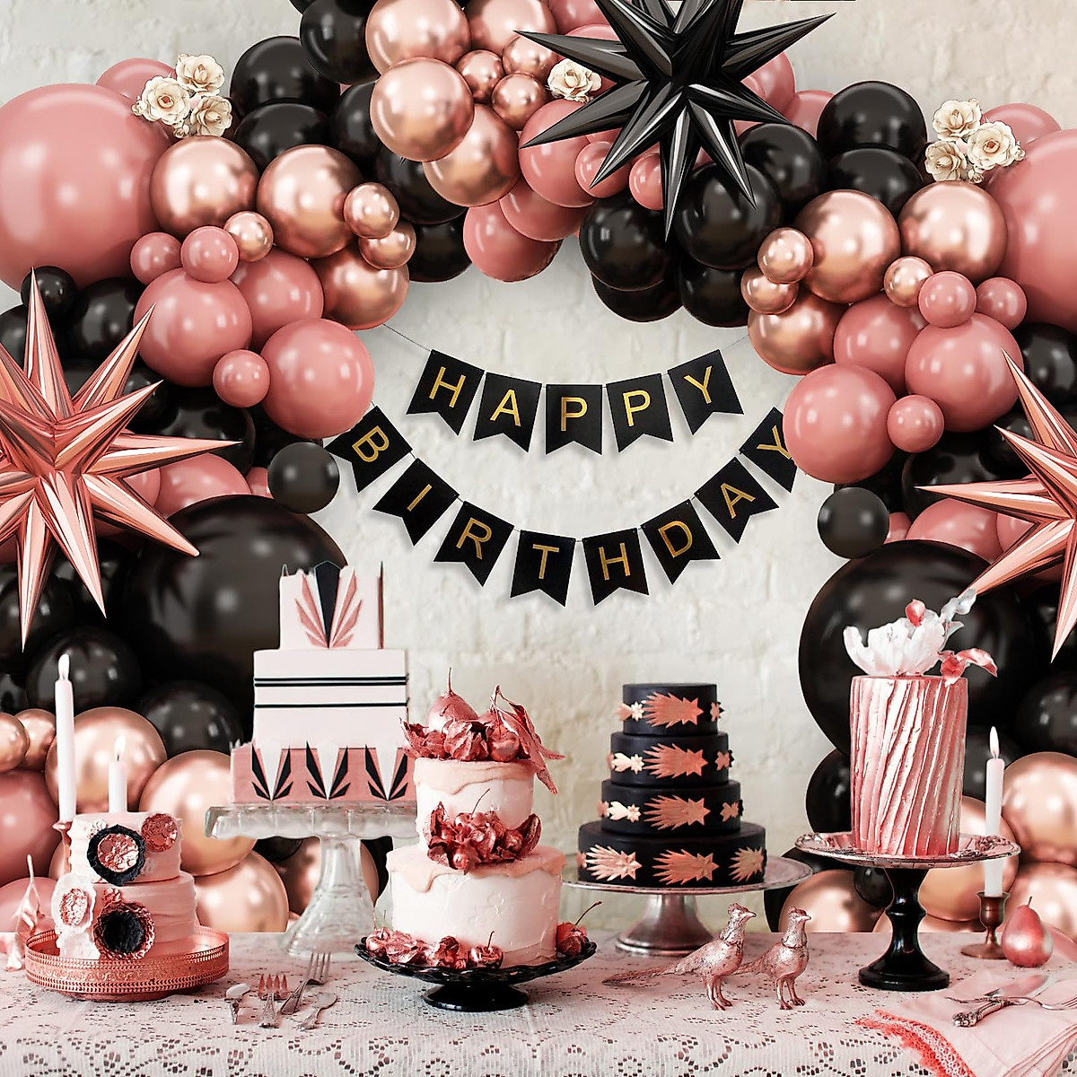 Dusty Pink and Black Balloon Arch,Balloon Garland with Star Foil Balloons Metallic Rose Gold Balloons Retro Pink Balloons for Birthday Wedding Bachelorette Party Decorations
