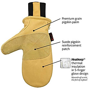 Kinco - Lined Premium Pigskin Leather Work and Ski Mitt with Nikwax Waterproof Wax, Heavy Duty Reinforced Palm, Heatkeep Thermal Insulation, Omni-Cuff, Fitted Knit Wrist, (Style No. 901T)