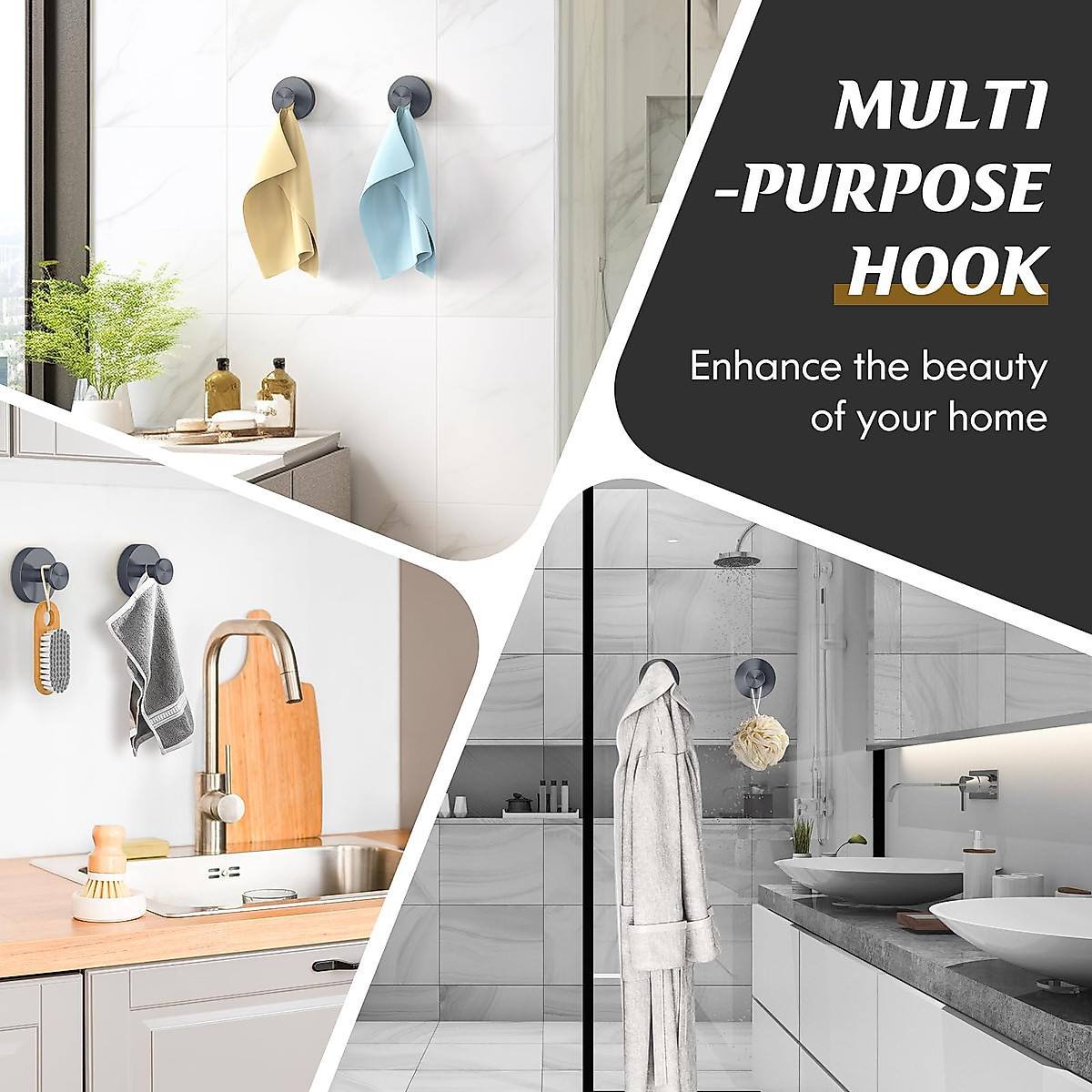 MOTAIPEAK Suction Cup Hooks for Shower,2Pcs Shower Hooks for Inside Shower,No Drill Towel Hooks for Bathroom Wall,Kitchen,Glass,Mirror,Tile to Hang Towels,Robes,Loofah-Grey