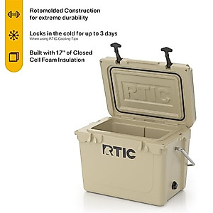 RTIC 20 QT Ultra-Tough Cooler Hard Insulated Portable Ice Chest Box for Beach, Drink, Beverage, Camping, Picnic, Fishing, Boat, Barbecue, Tan