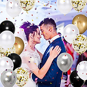 Black Gold Silver party Balloons, 50pcs 12 Inch Metallic Thicker Latex Confetti Balloons with Ribbon for Wedding Birthday Baby Shower Decorations (BlackGoldSilver50pcs)