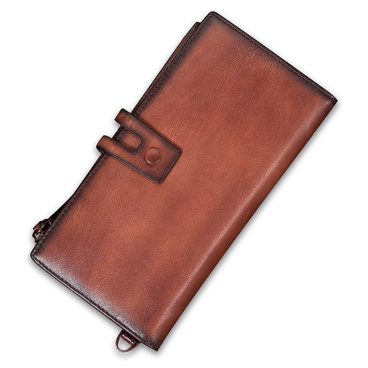 Genuine Leather Wallet Vintage Handbag Cowhide Long Purse Money Clip Card Case Organizer with Hand Strap (Coffee)